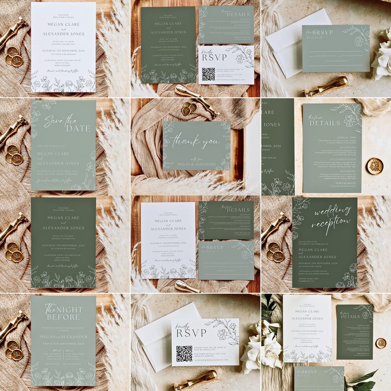 Sage Green Wedding Template Bundle Printable Botanical Wedding ...