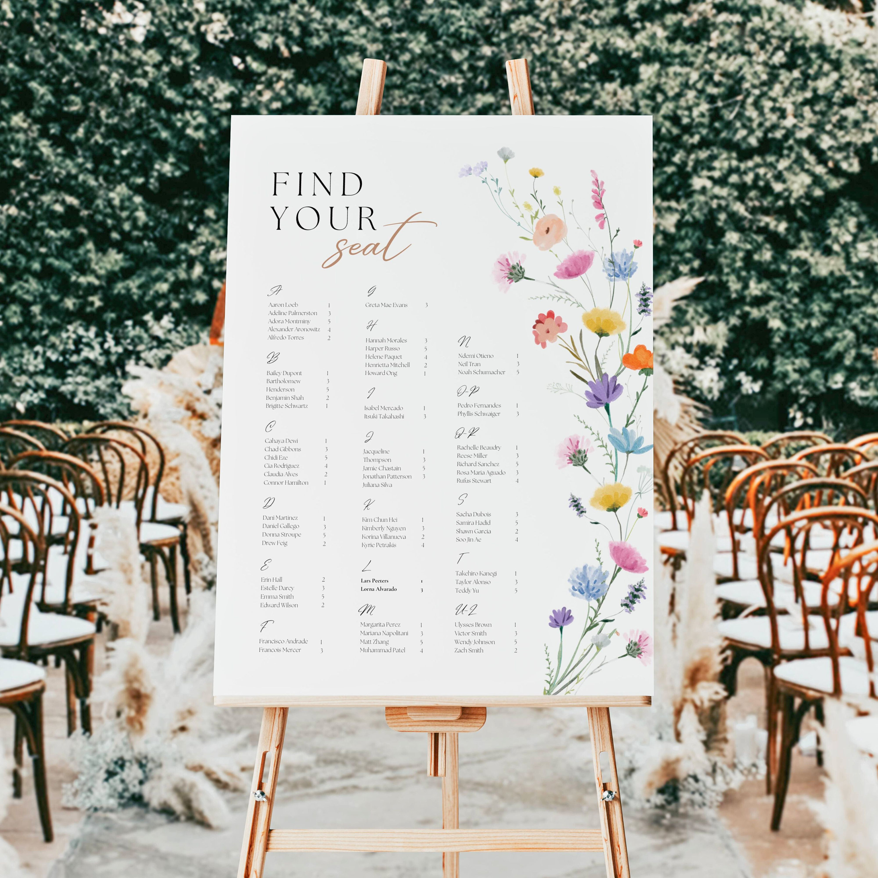 Wedding Seating Chart Template Wildflower Alphabetical Seating Chart ...