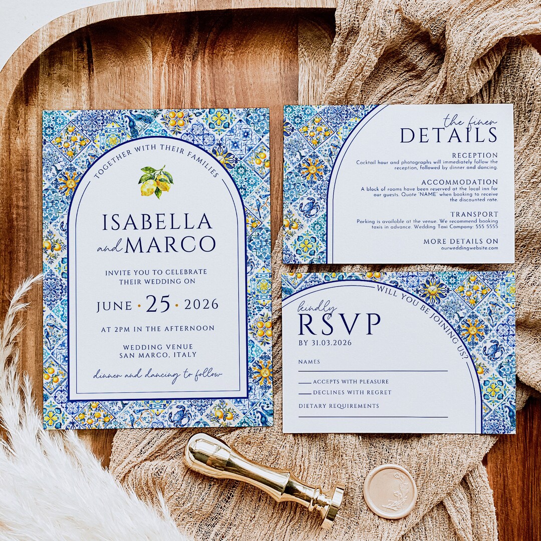 Mediterranean Tile Wedding Invite Suite, Italian Lemon and Tile Wedding ...