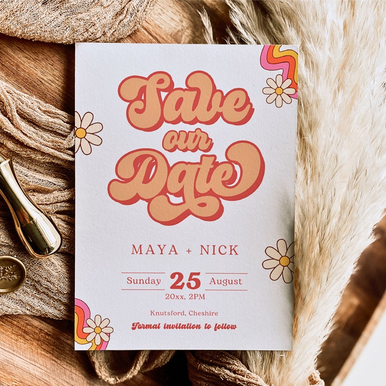 Retro Save the Date With Picture Template Printable Groovy 60s 70s 80s ...