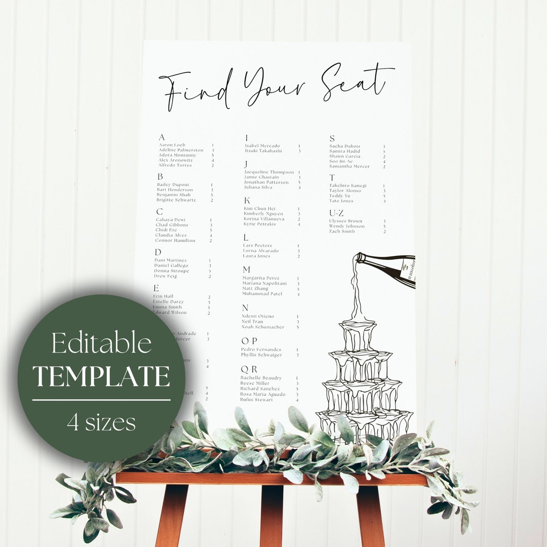 Champagne Glass Seating Chart | Take A Drink | Editable Wedding Seating ...