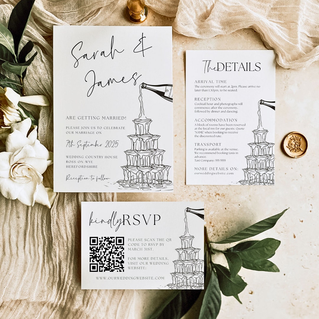 Hand Drawn Wedding Invitation Template, Scribble Champagne Tower QR ...