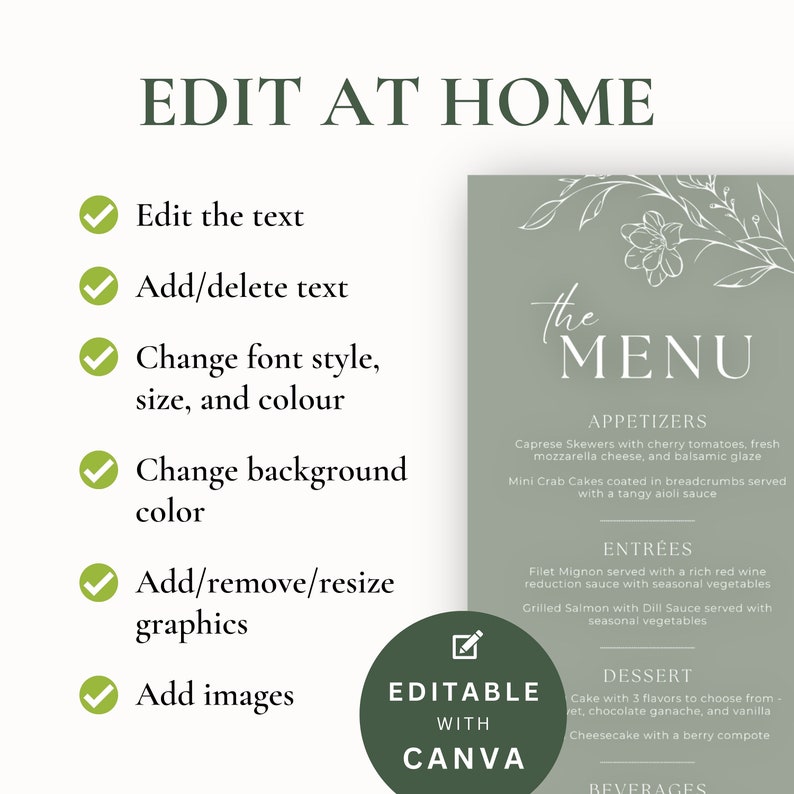 Editable Wedding Menu Printable Template Botanical Menu Template Tall ...