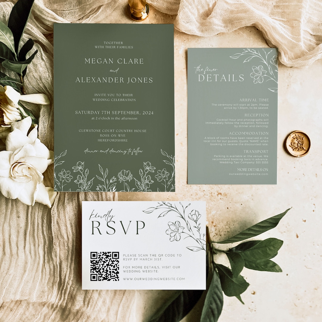 Wedding Invite With QR Code | Botanical Wedding Invitation Set With Qr ...