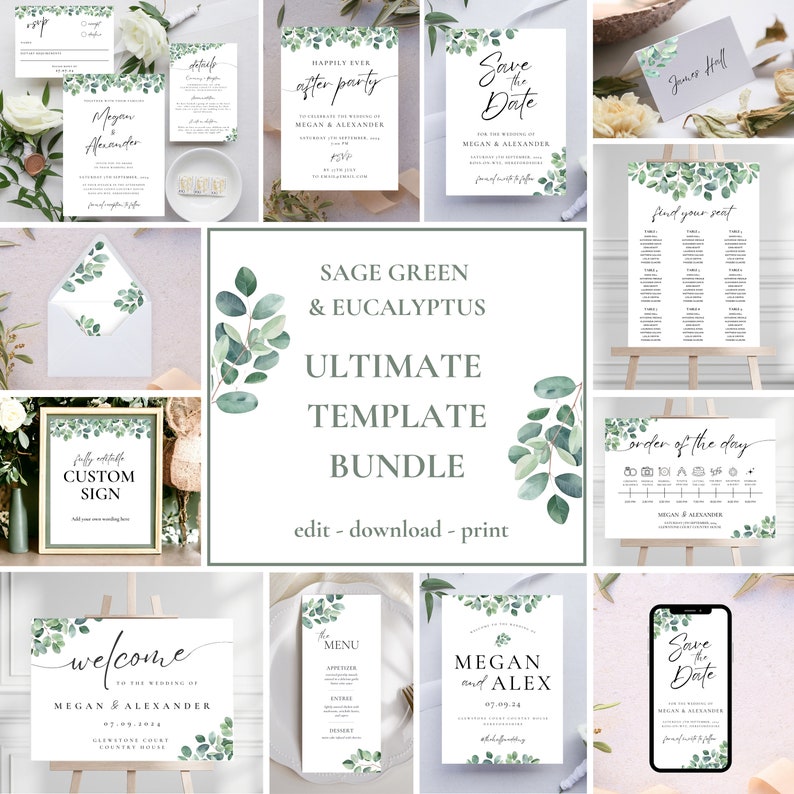 Ultimate Sage Green Eucalyptus Wedding Template Bundle Wedding Sign Bundle & Invite Suite ...