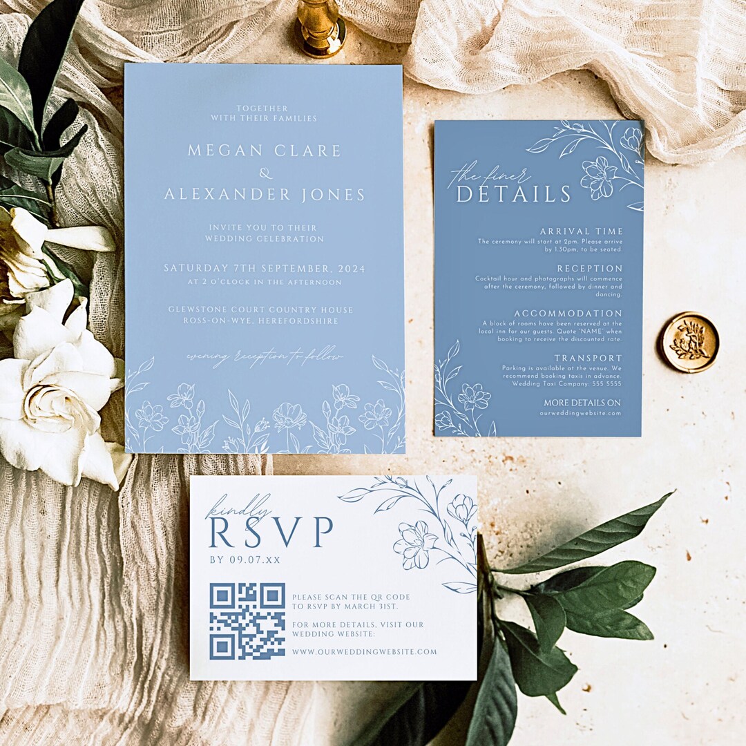 Dainty Floral Dusty Blue Wedding Invitation Bundle Editable Templates ...