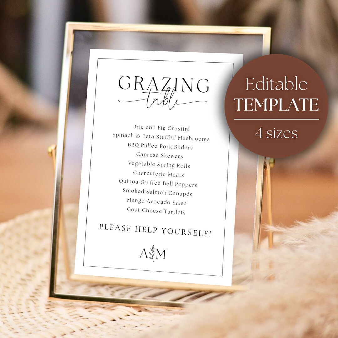 Wedding Grazing Table Sign With Monogram | Printable Wedding Food Sign ...