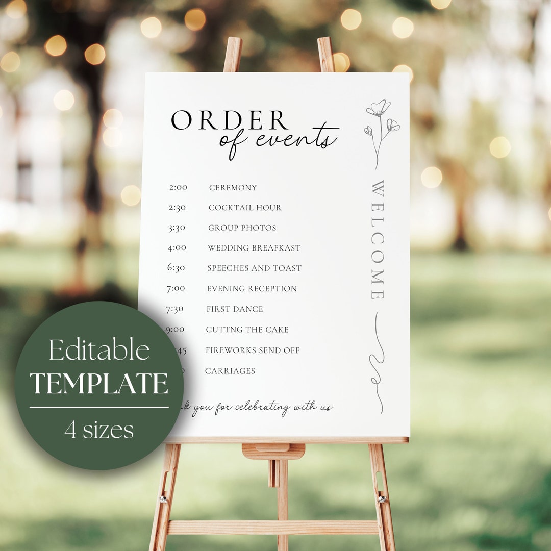 Large Wedding Order of Events Sign Template, Order of the Day Wedding ...