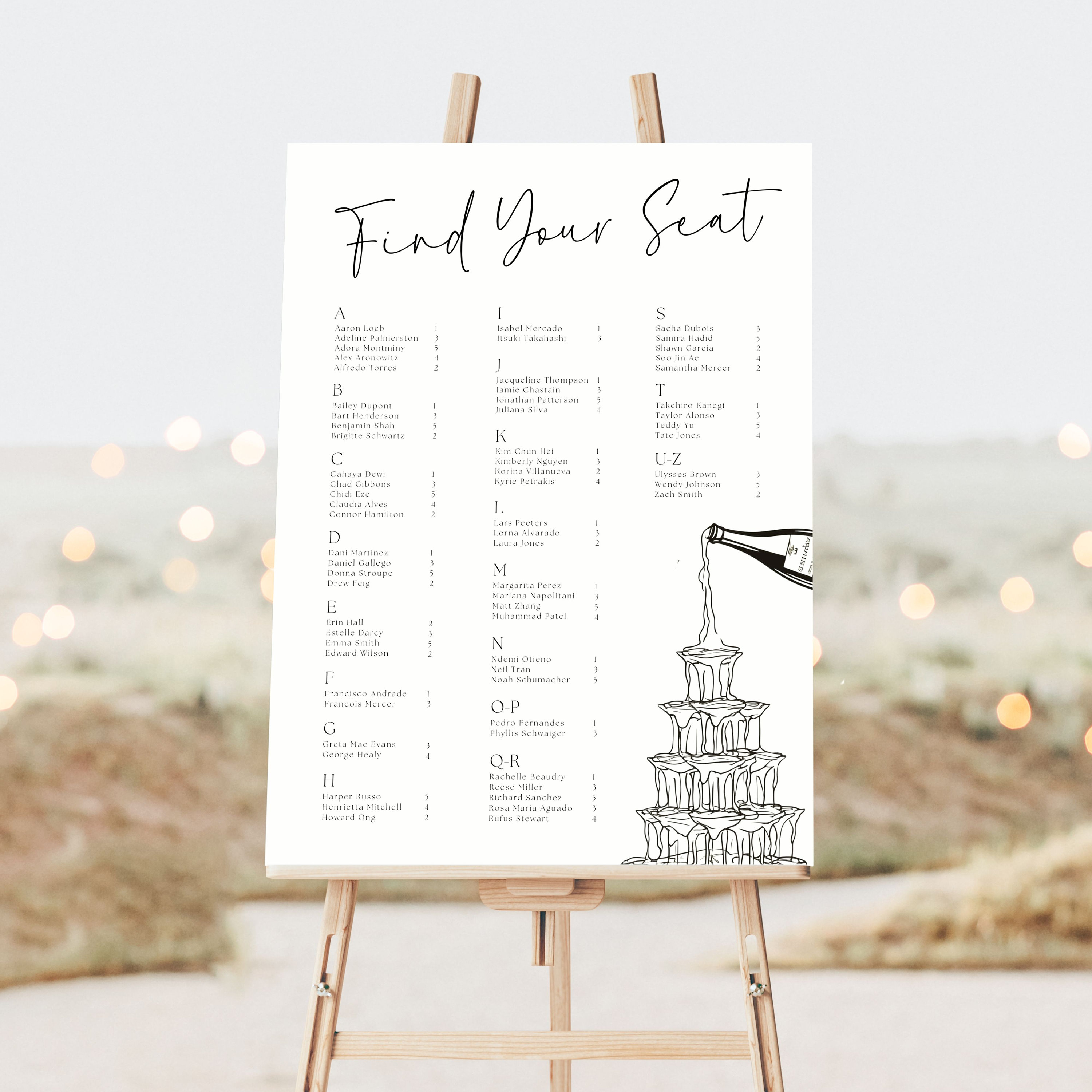 Champagne Glass Seating Chart Take A Drink Editable Wedding Seating ...