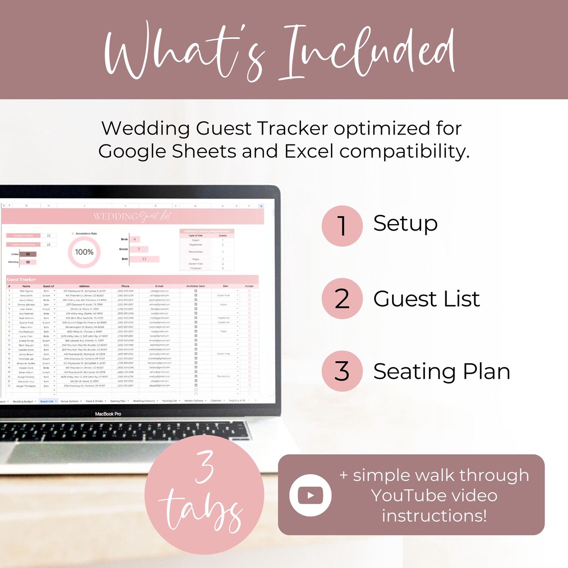 Wedding Guest List Tracker Google Sheets & Excel Spreadsheet, RSVP ...