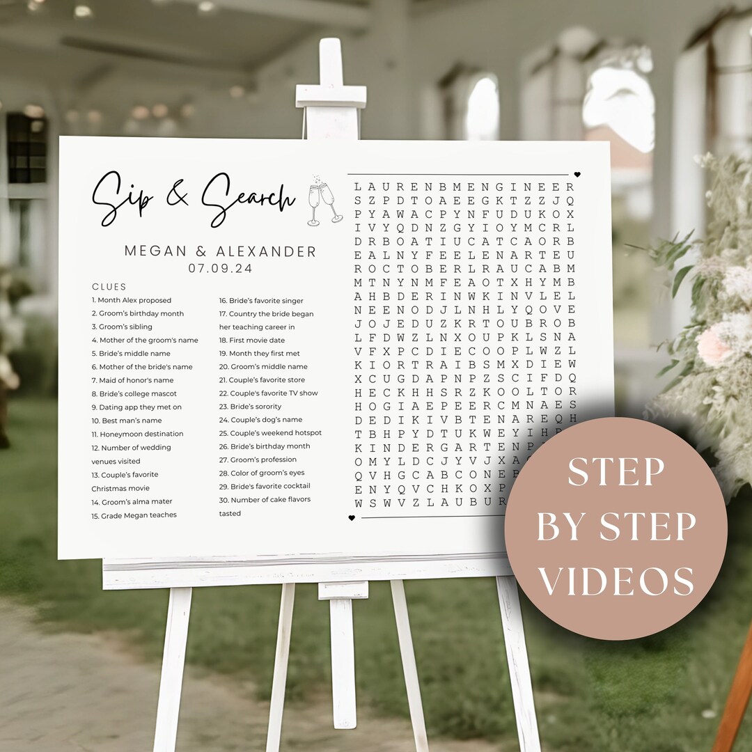 Custom Wedding Wordsearch Large Minimalist Sip and Solve Puzzle for ...