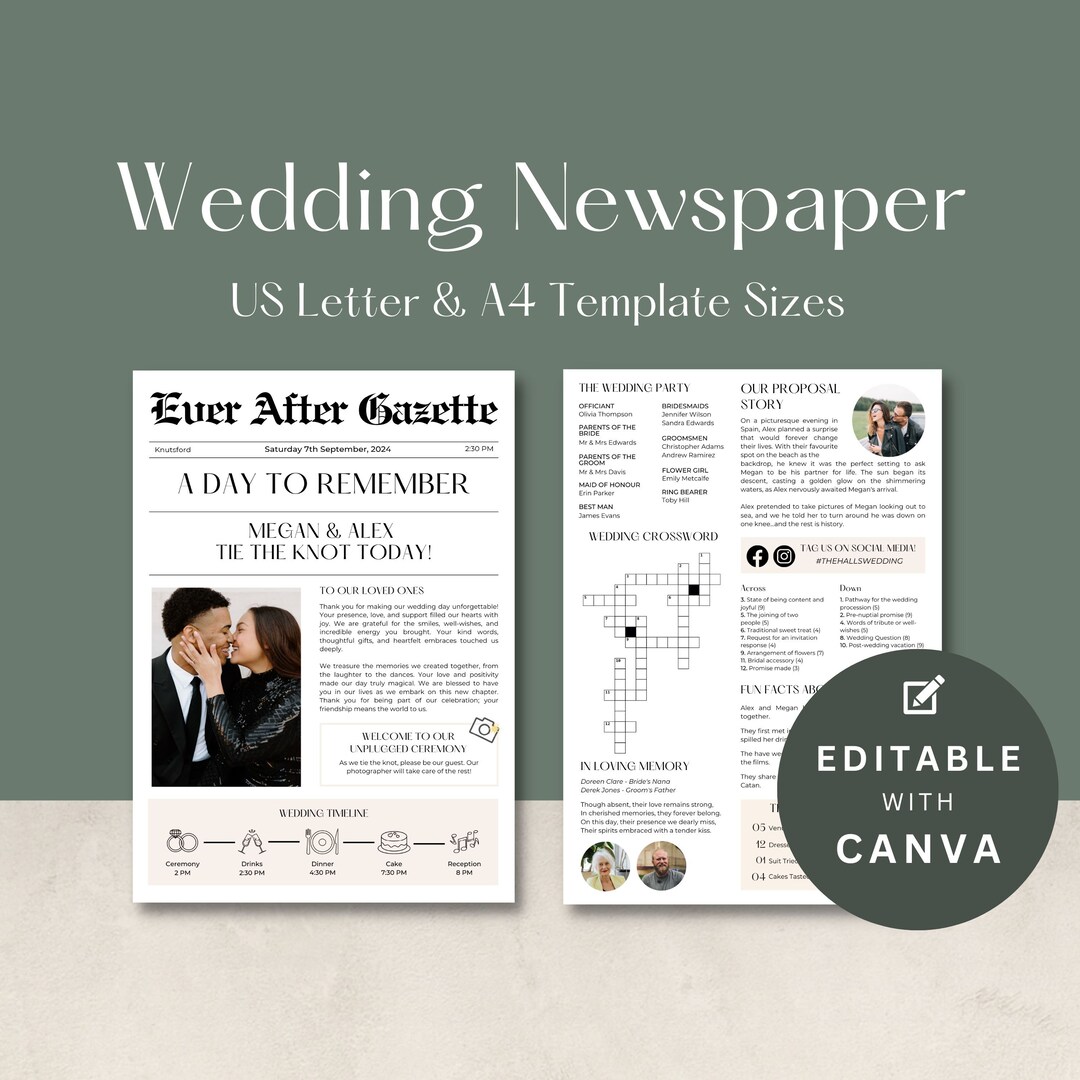 Editable Wedding Newspaper Program | Wedding Newspaper Template ...