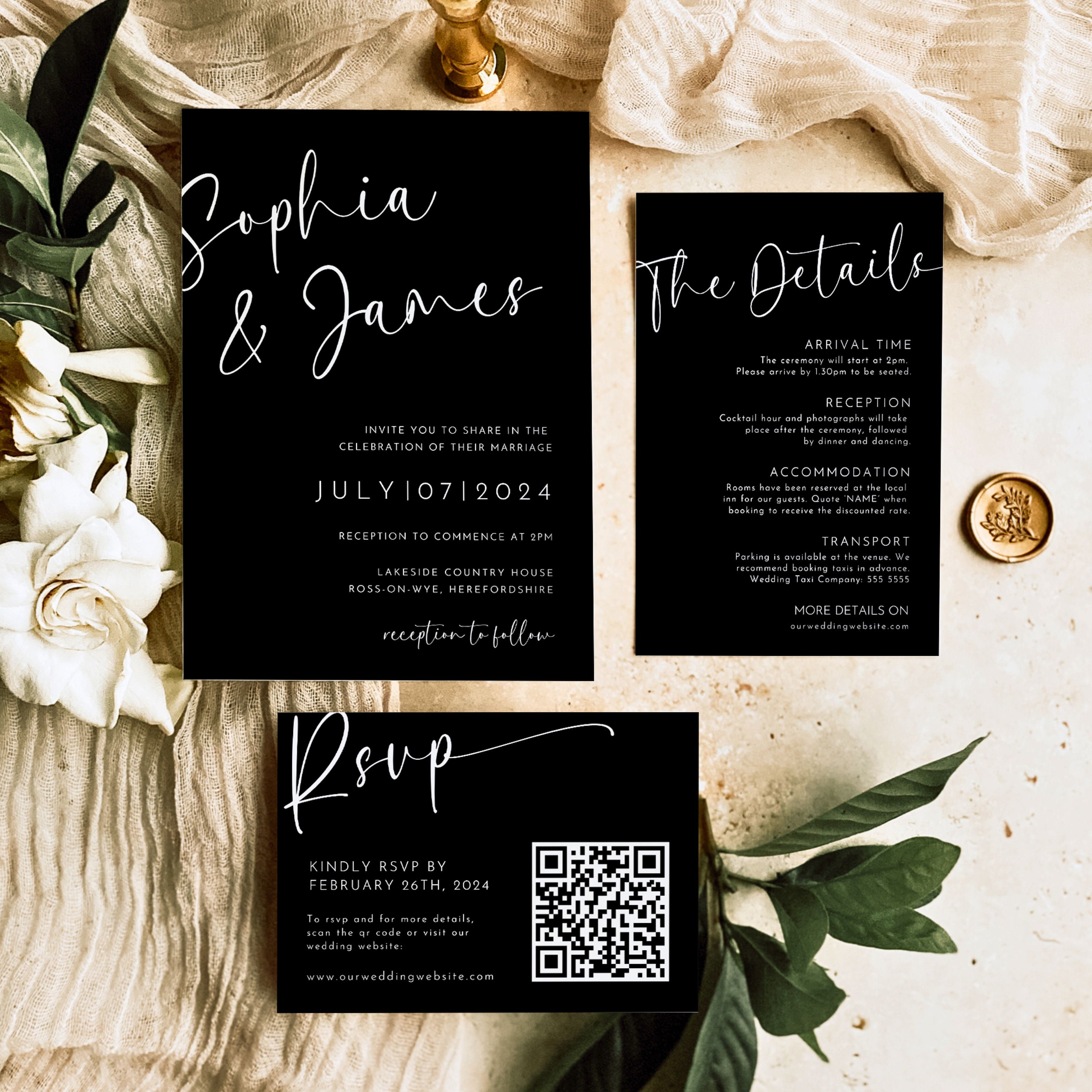 Modern Black Wedding Invitation Suite Template | DIY Printable Wedding ...