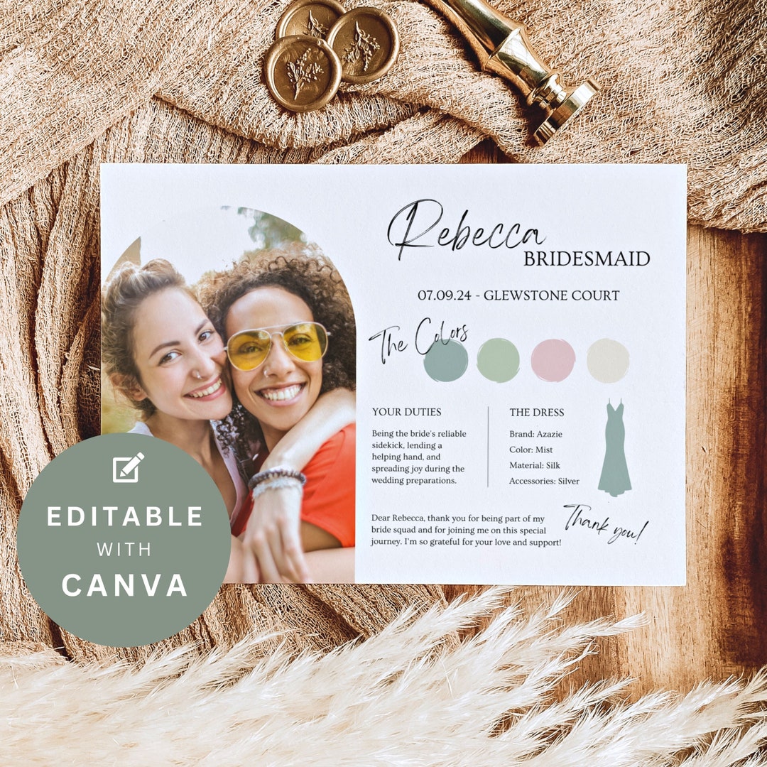 Bridesmaid Card Template Canva | Will You Be My Bridesmaid | Editable ...