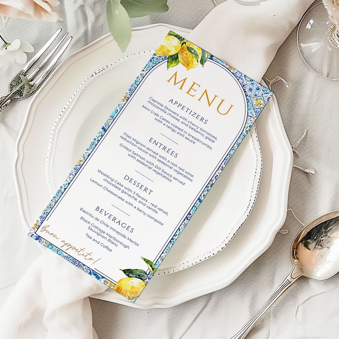 Italian Wedding Menu, Mediterranean Lemon and Blue Tile Menu Card ...