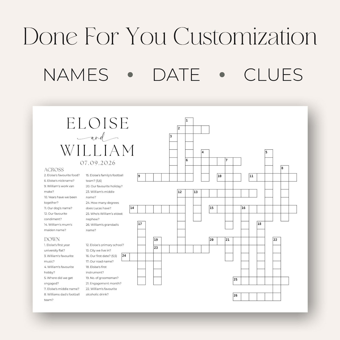 Printed Modern Minimal Wedding Crossword Extra Large Personalized ...