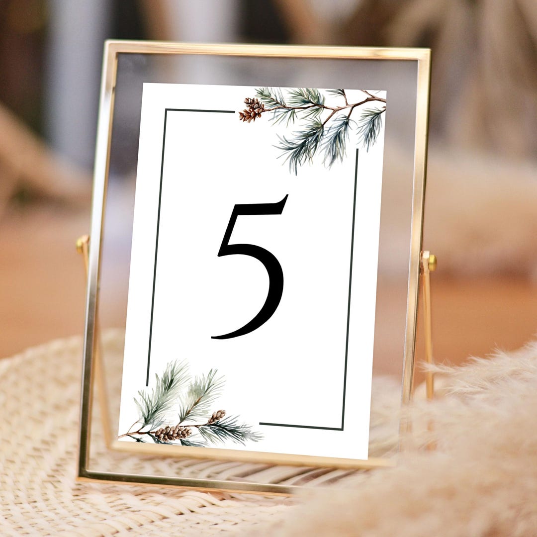 Rustic Winter Wedding Table Number Signs With Border and Pine Cones ...