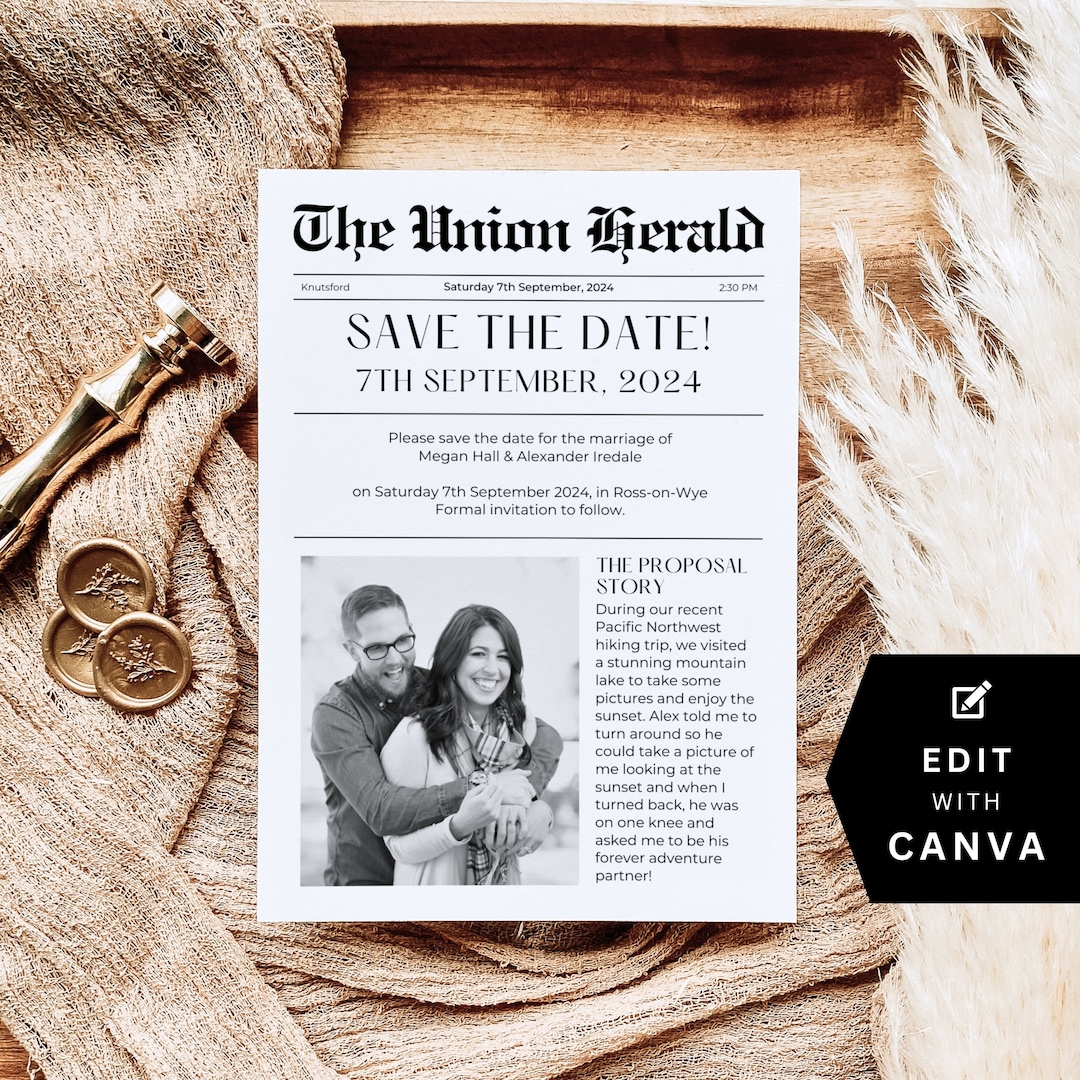 Wedding Newspaper Save the Date Template | Photo Save the Date ...