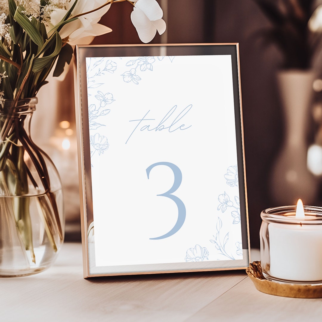 Wedding Table Number Sign, Floral Wedding Table Decor, Dusty Blue ...