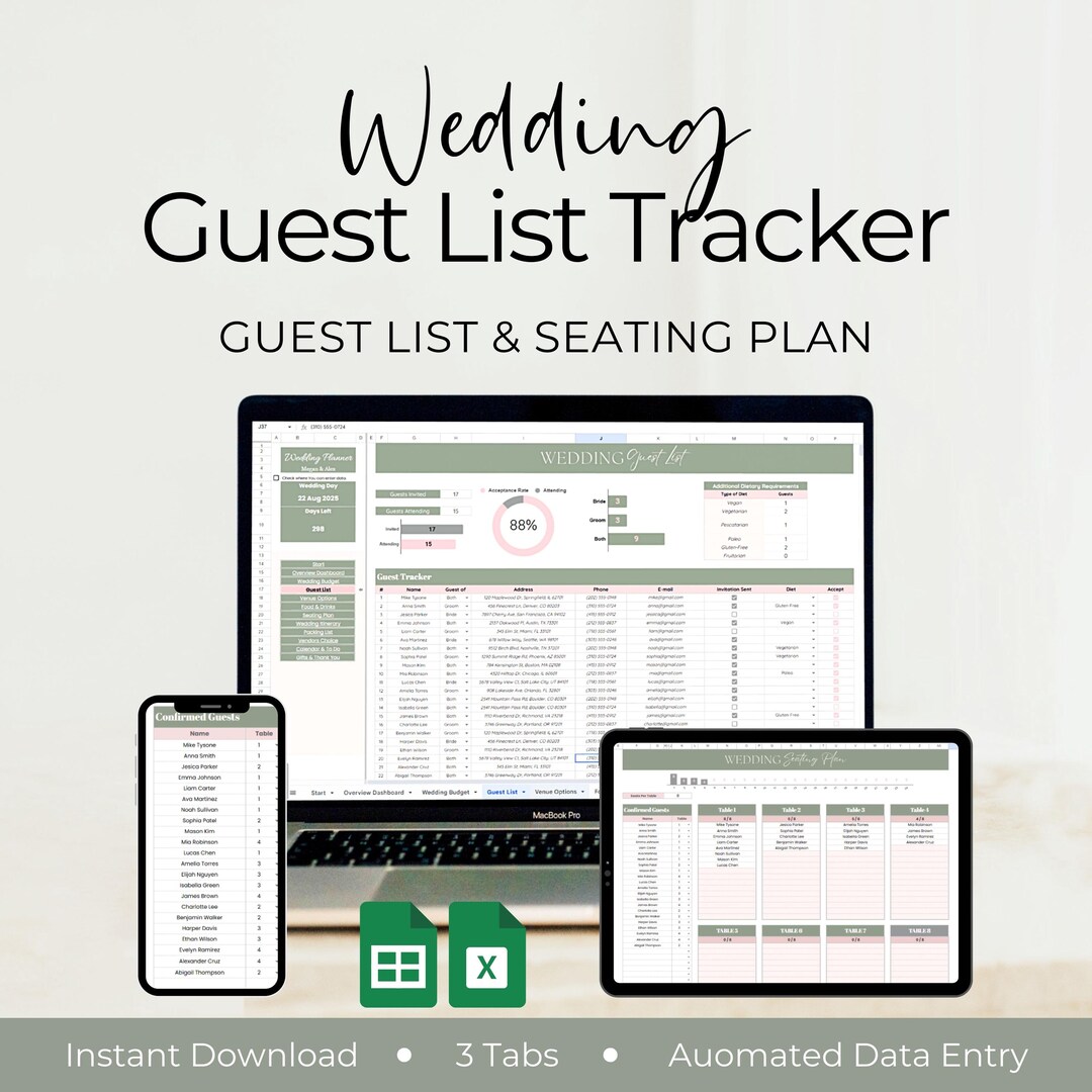 Wedding Guest List Tracker Google Sheets & Excel Spreadsheet, RSVP ...