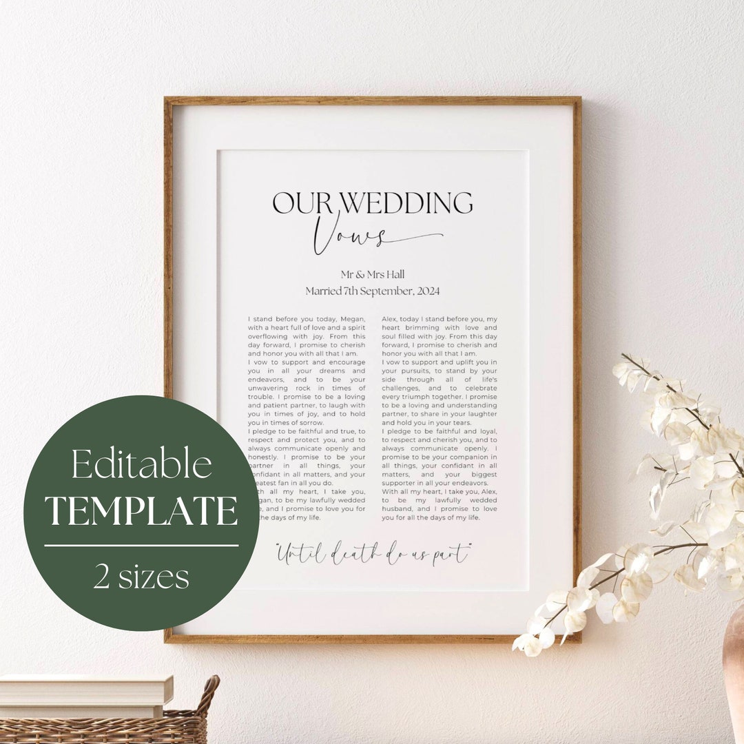 Framed Wedding Vows Minimal | 1st Year Paper | One Year Wedding ...