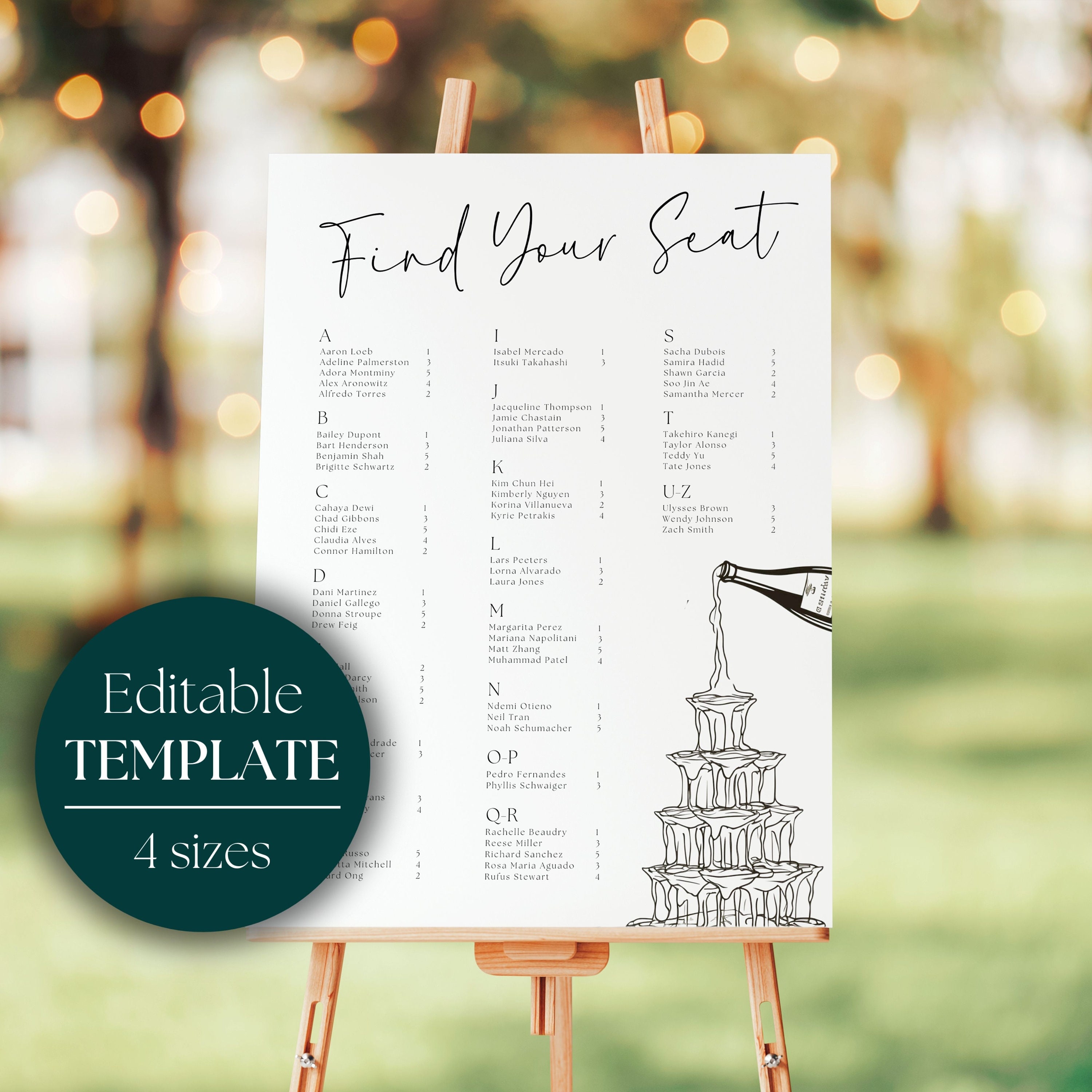 Champagne Glass Seating Chart Take A Drink Editable Wedding Seating ...