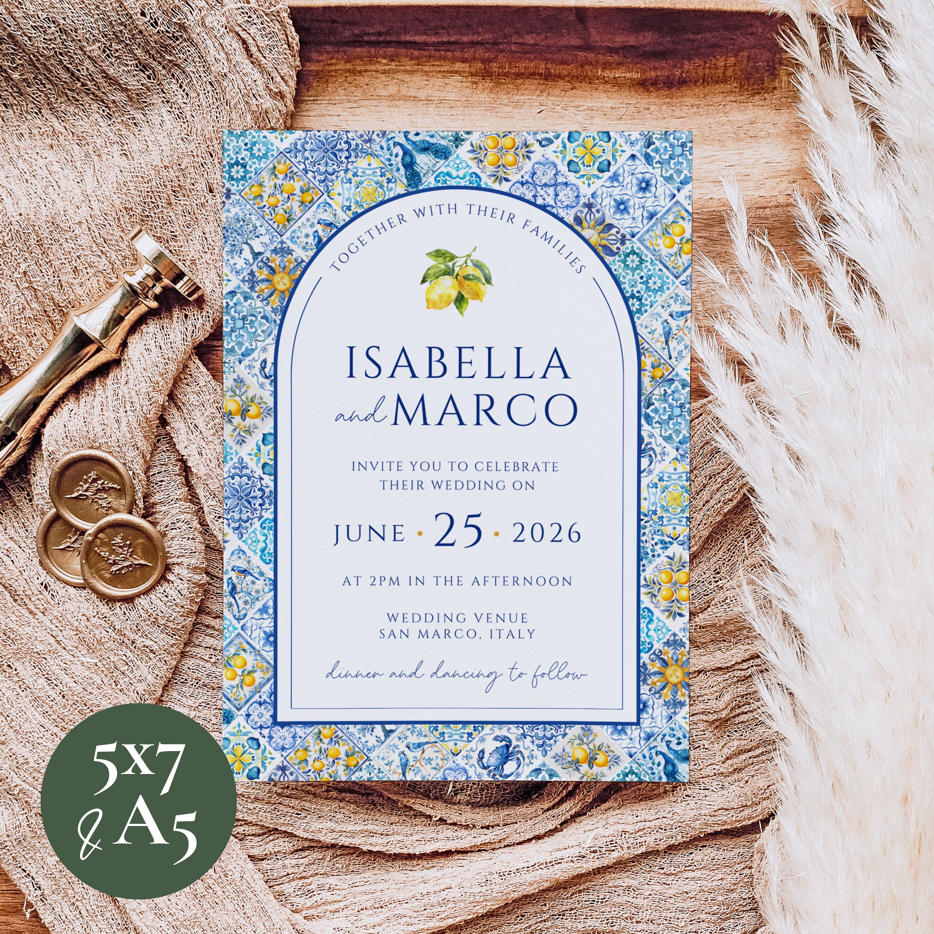 Mediterranean Wedding Invitation With QR Code, Blue Tiles Lemon Invite ...