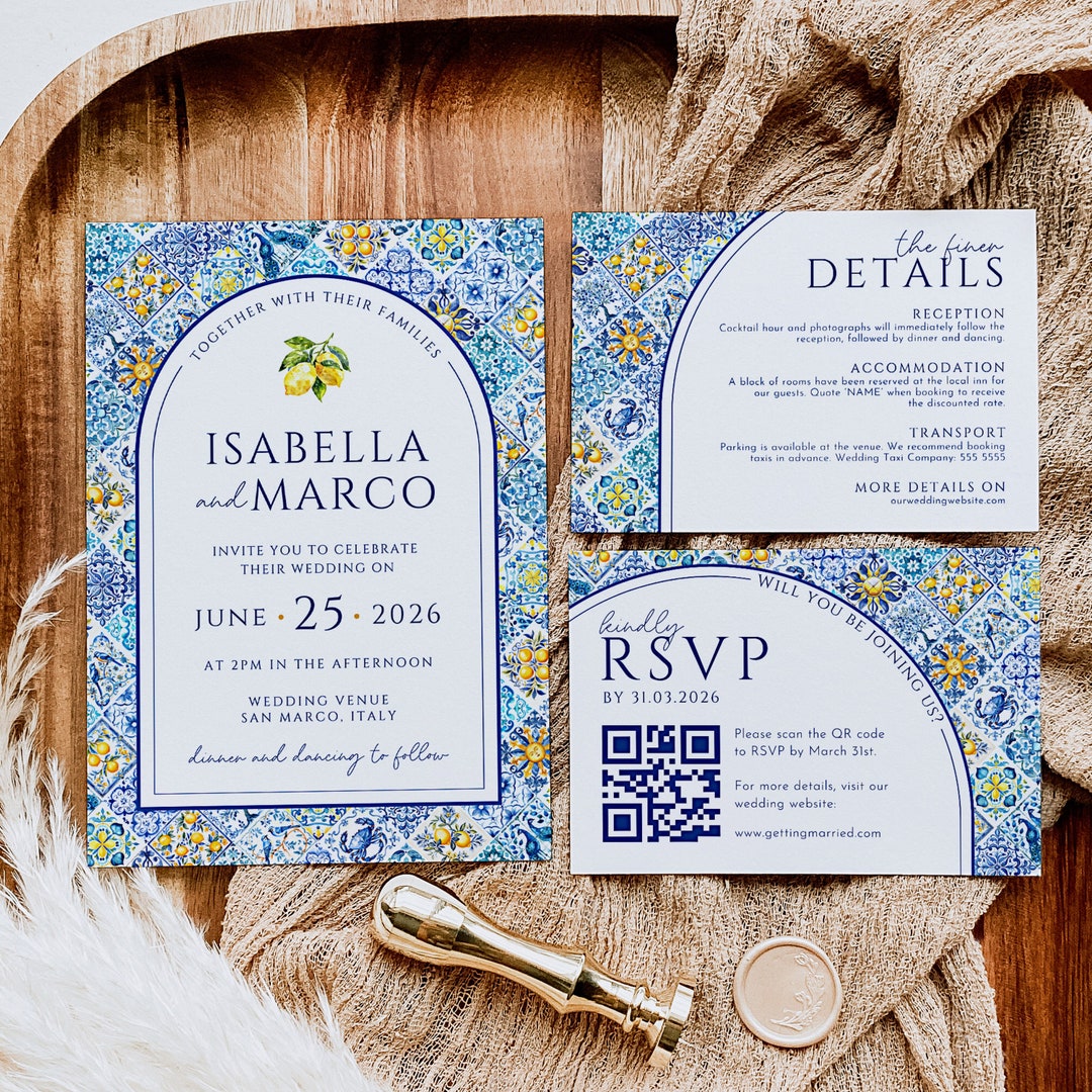Mediterranean Wedding Invitation With QR Code, Blue Tiles Lemon Invite ...