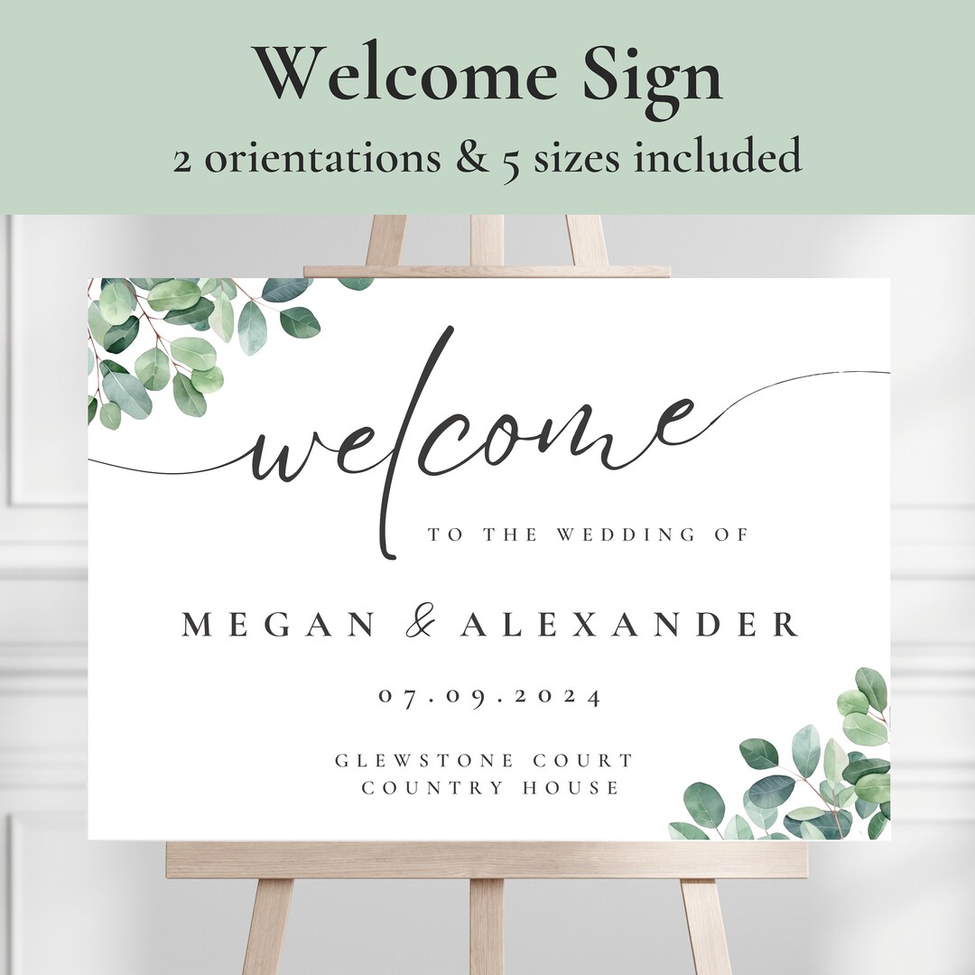 Wedding Welcome Sign With Sage Green Eucalyptus | Landscape & Portrait ...