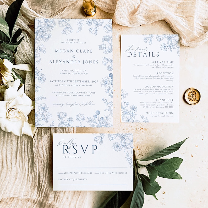 French Blue Wedding Invitation Template, Classic Editable Floral Design ...