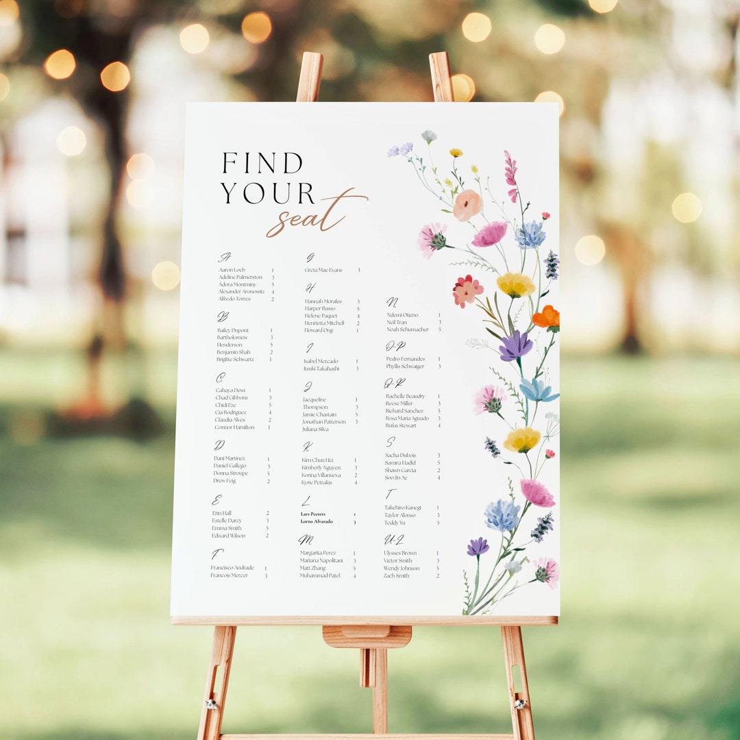 Wedding Seating Chart Template Wildflower | Alphabetical Seating Chart ...