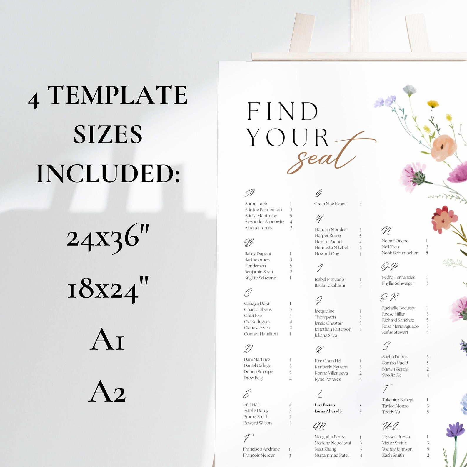 Wedding Seating Chart Template Wildflower Alphabetical Seating Chart ...