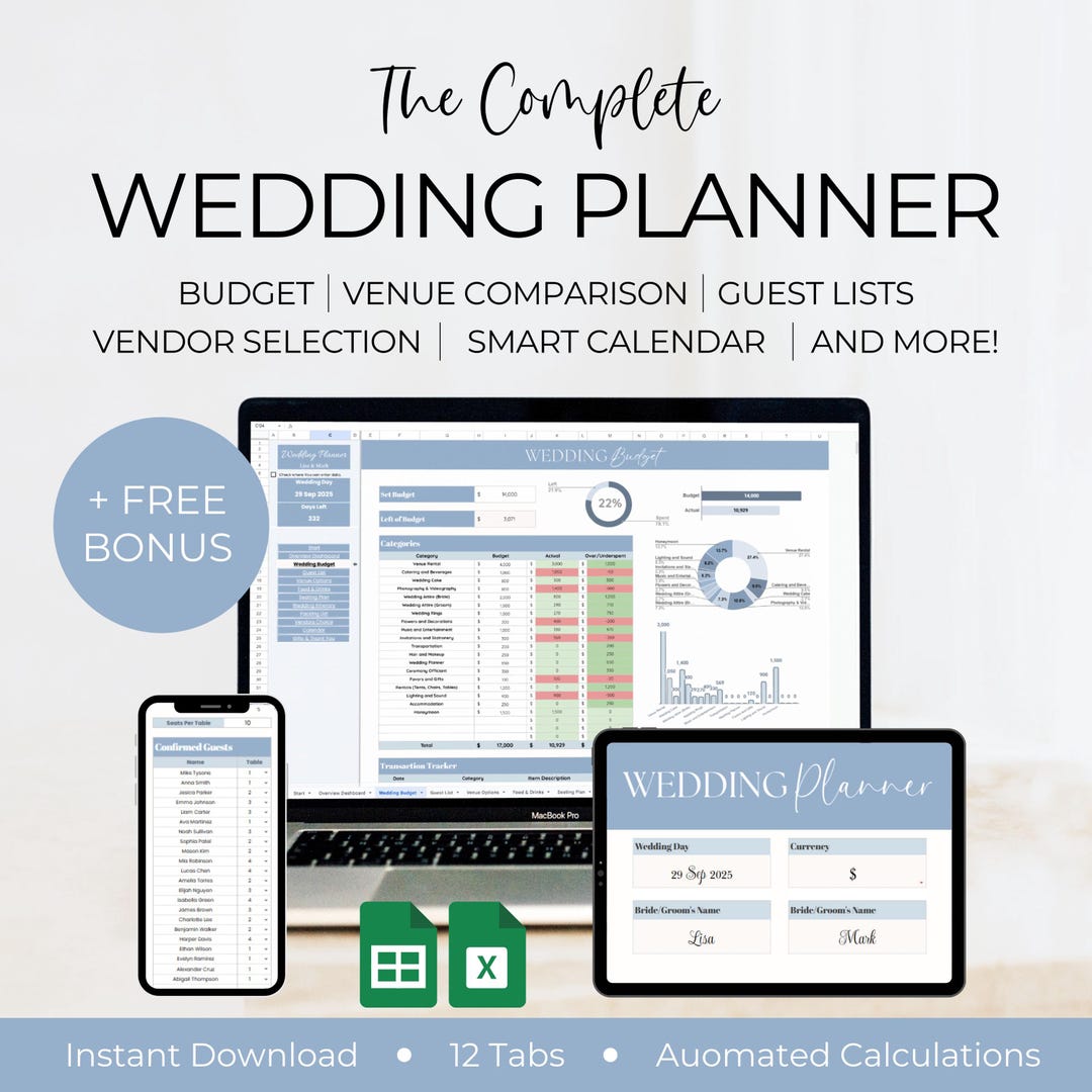 Complete Dusty Blue Wedding Planner Google Sheets Digital Wedding ...
