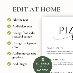 Pizza Menu Sign, Minimalist Wedding Pizza Bar Menu Template, Grazing ...