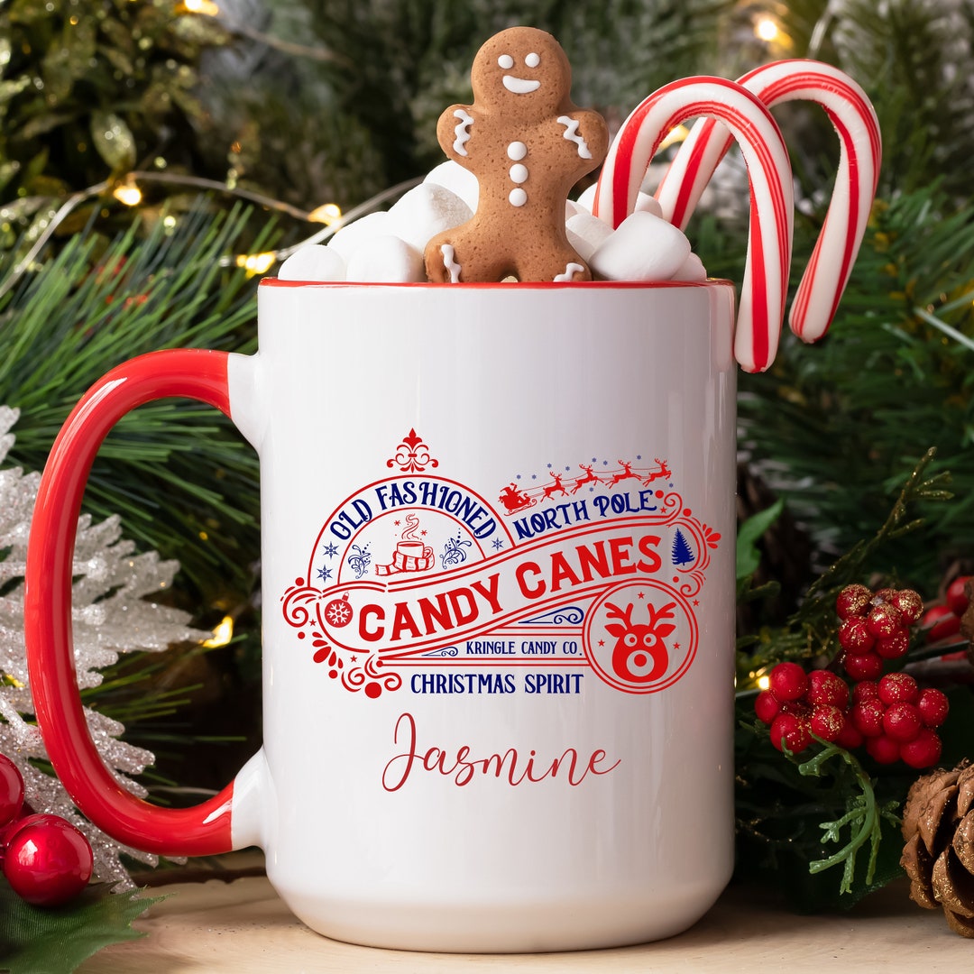Personalized Christmas Mug, Candy Canes Christmas Mug, Retro Holiday ...