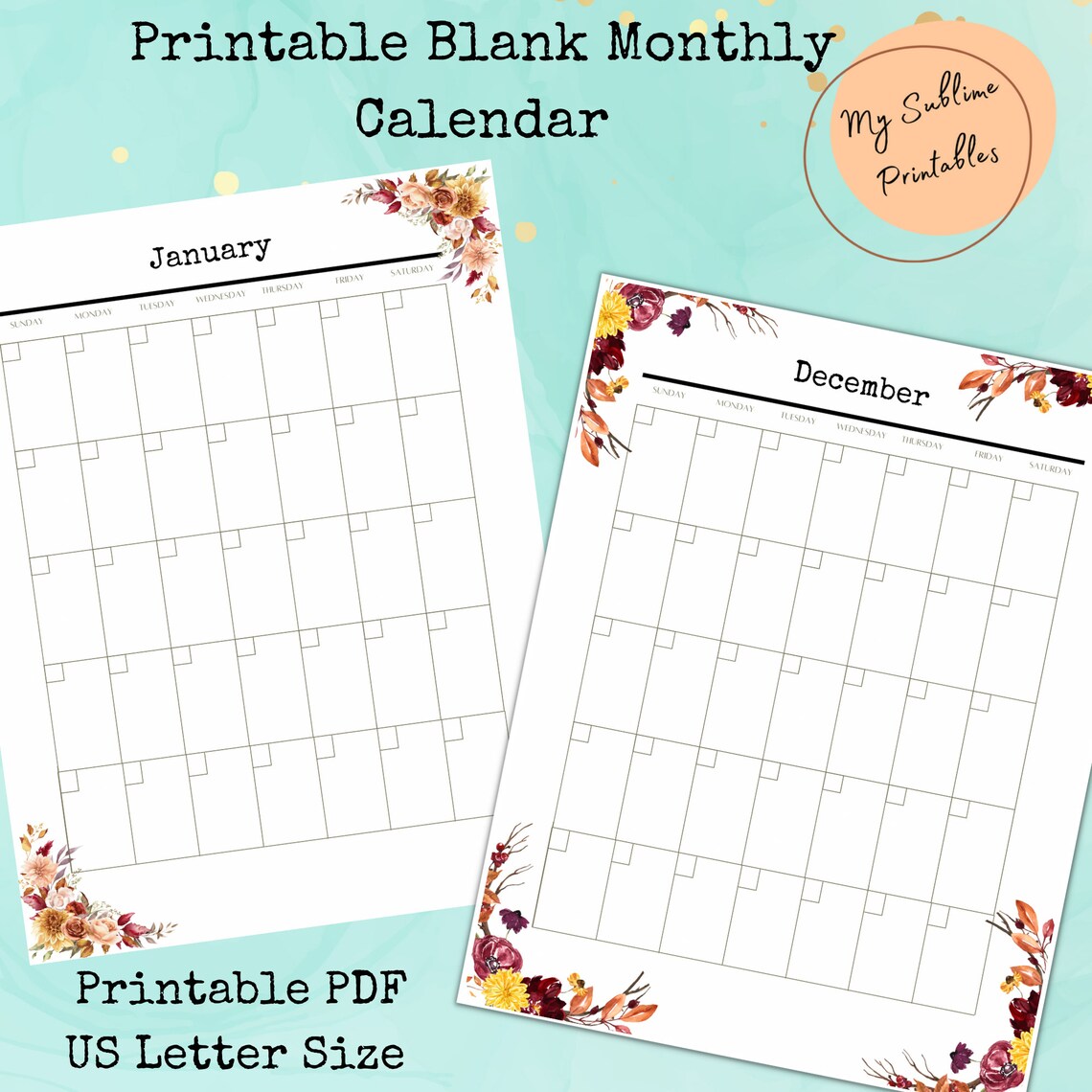 Monthly Calendar Printable Blank Fillable Calendars 12 Month Printable ...