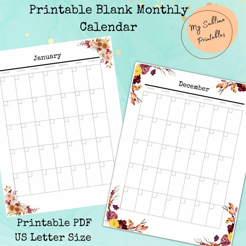 Monthly Calendar Printable Blank Fillable Calendars 12 Month Printable ...
