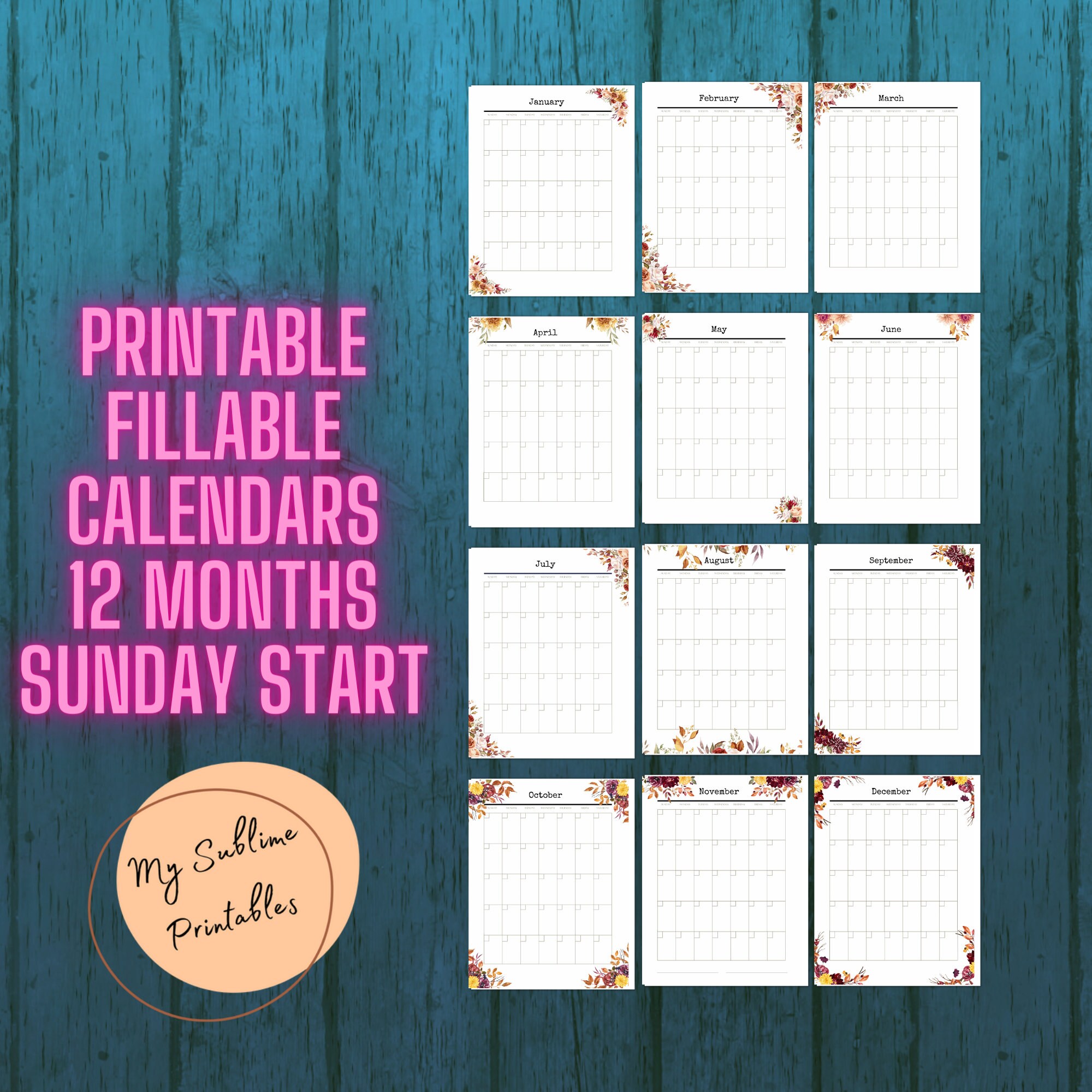 Monthly Calendar Printable Blank Fillable Calendars 12 Month Printable ...