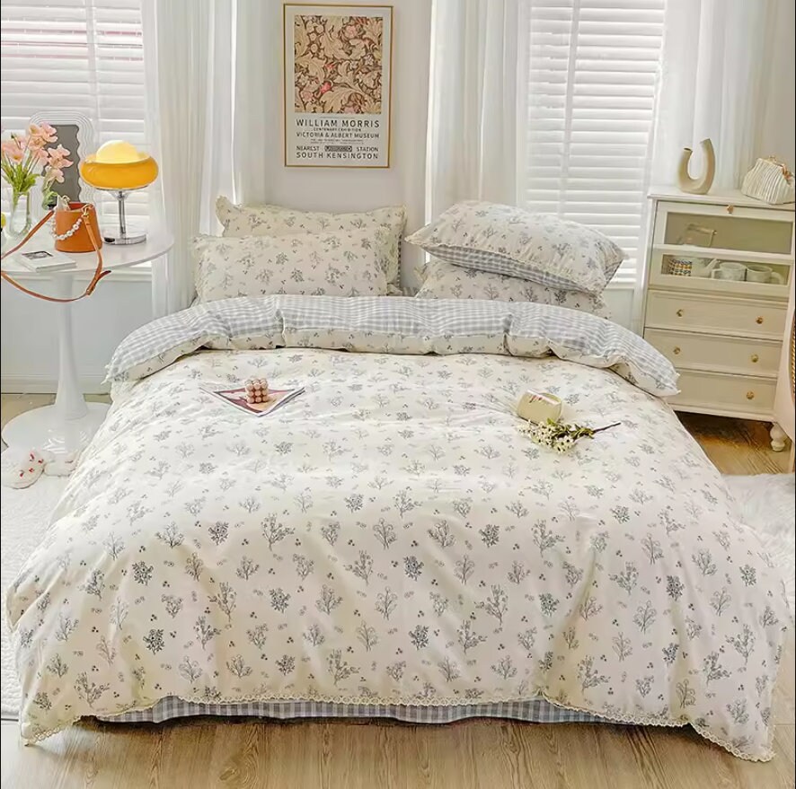 Blue Floral Cotton Duvet Cover Set Fresh Flowers Lace Ruffle Duvet ...