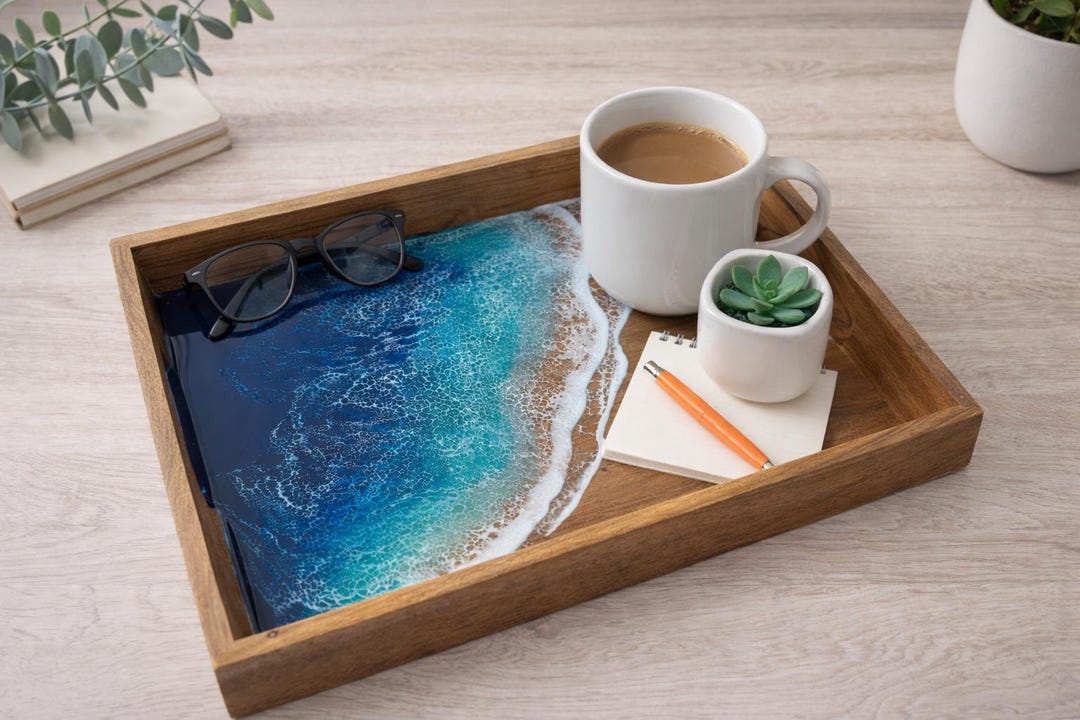 Rectangular Tray With Epoxy Resin Waves, Acacia Wood Ocean Tray - Etsy