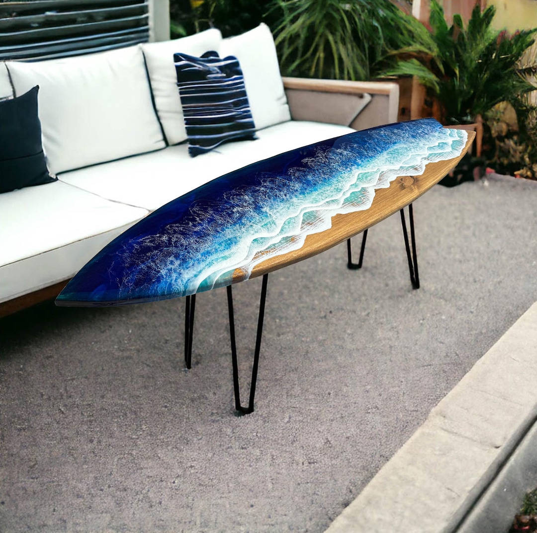 Surfboard Table With Epoxy Resin Waves, Resin Wave Coffee Table - Etsy