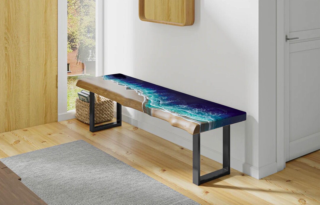 Resin Wave Wood Bench, Live Edge Wood Ocean Bench - Etsy