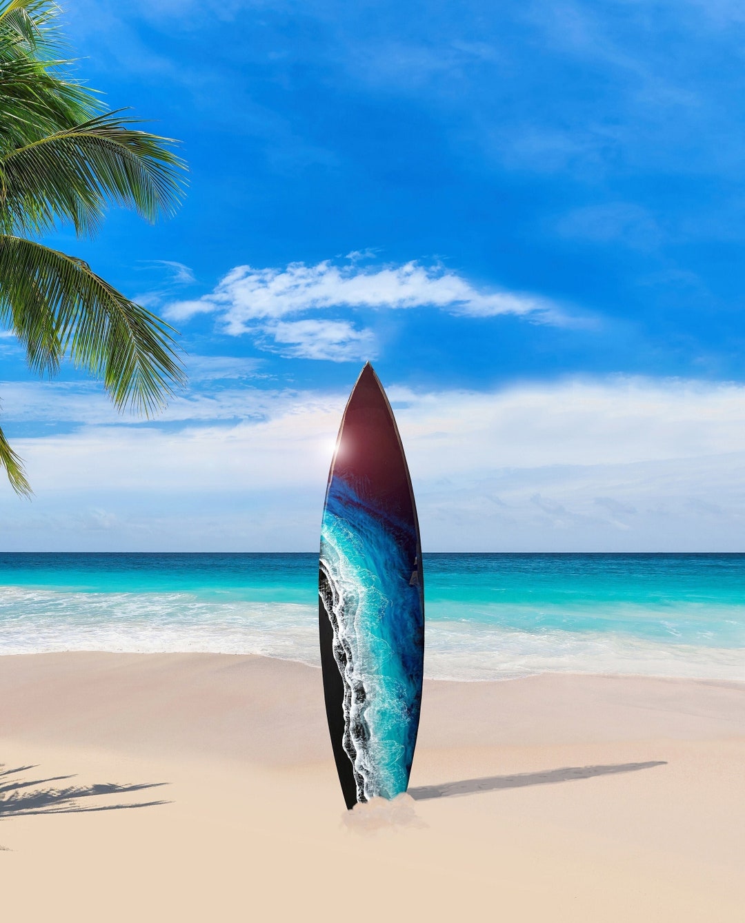 6' Resin Surfboard, Black Board With Aqua or Blue Waves - Etsy