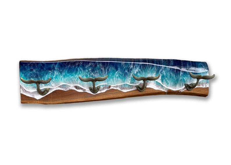 Resin Wave Towel Holder With Whale Tail Hooks, Live Edge Black Walnut ...