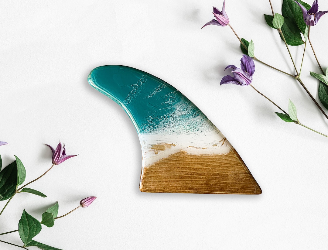 Resin Wave Fin With Blue or Aqua Waves, Decorative Wood Surfboard Fin ...
