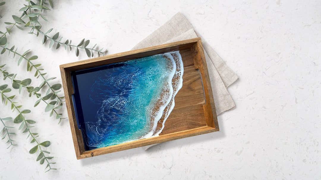Rectangular Tray With Epoxy Resin Waves, Acacia Wood Ocean Tray - Etsy
