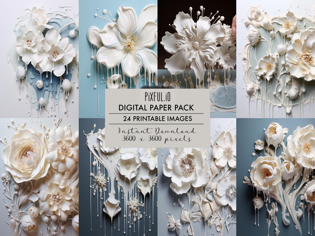 White Floral Drip Printable Paper, Flower Digital Patterns 24 Pack ...