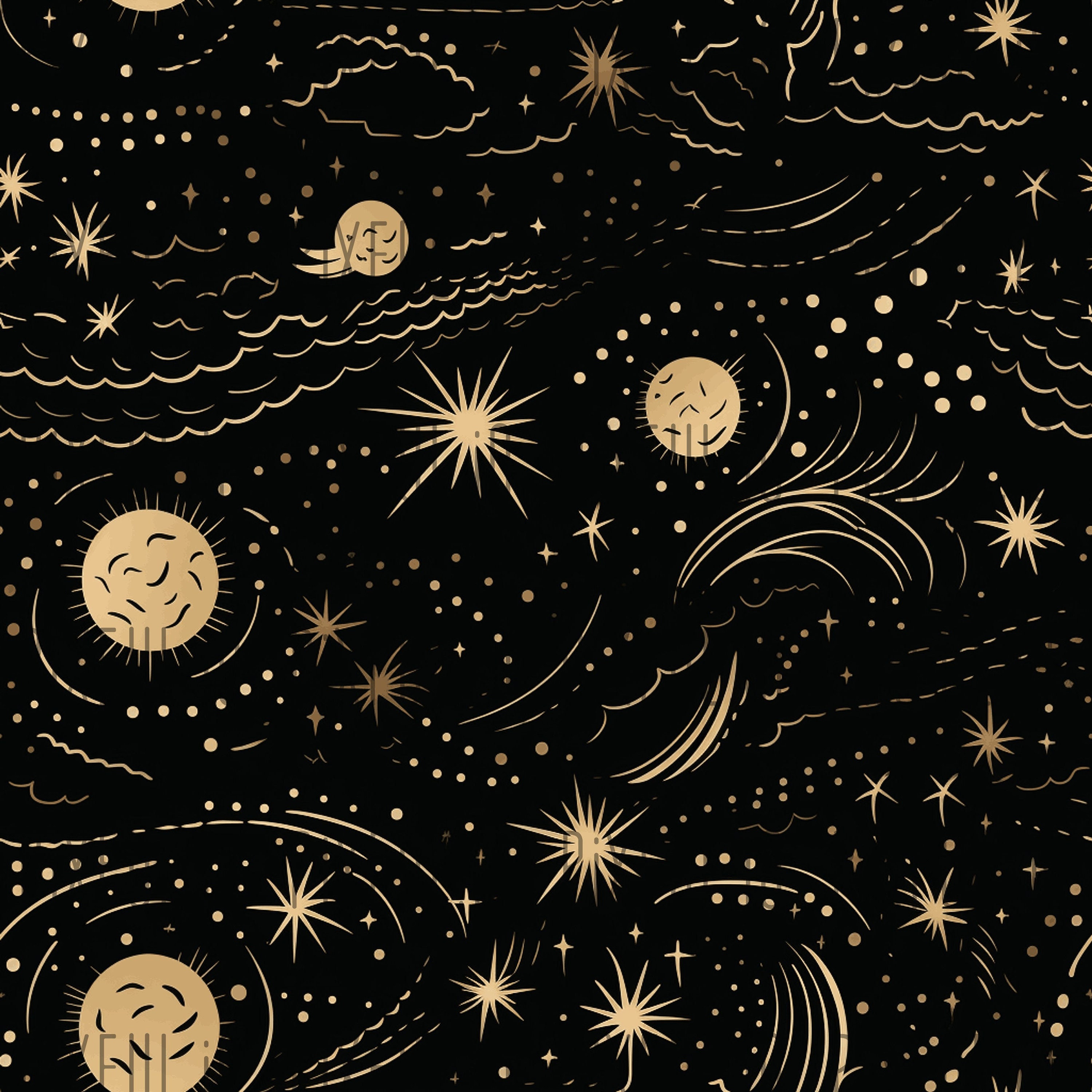 Seamless Black and Gold Celestial Cosmic Art Patterns, Digital Paper 24 ...