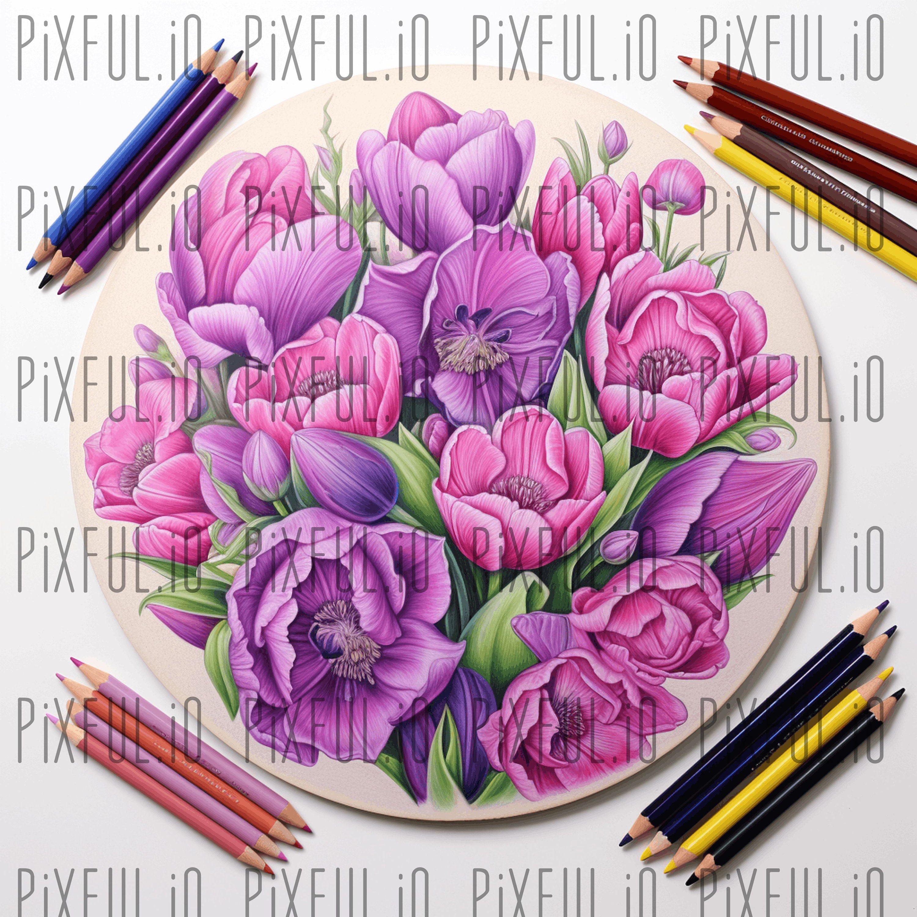 Colored Pencil Drawing of Spring Floral Paper, Digital Patterns 24 Pack ...