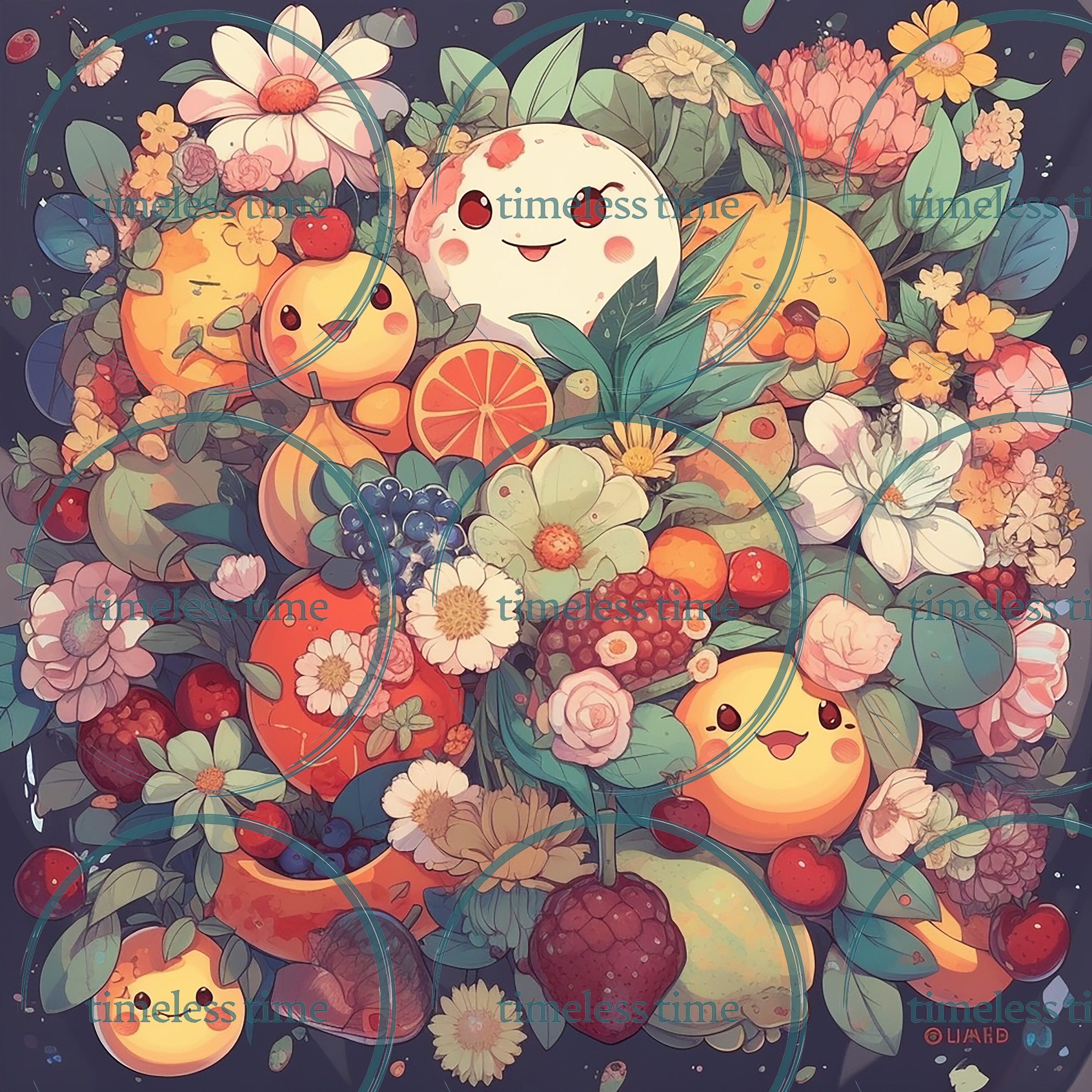 Cute Anime Fruits With Smiley Faces Print Multi Medium Flower Patterns ...